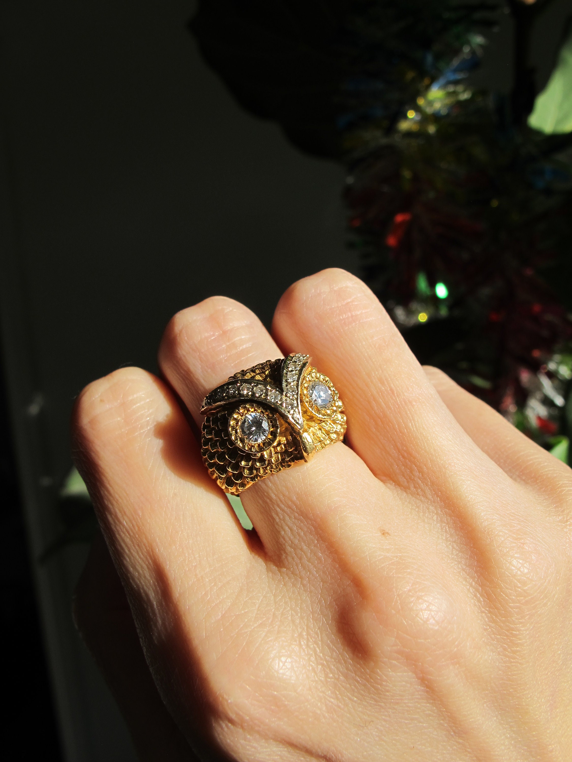 Vintage 18k Yellow Gold Diamond Owl Ring | Etsy