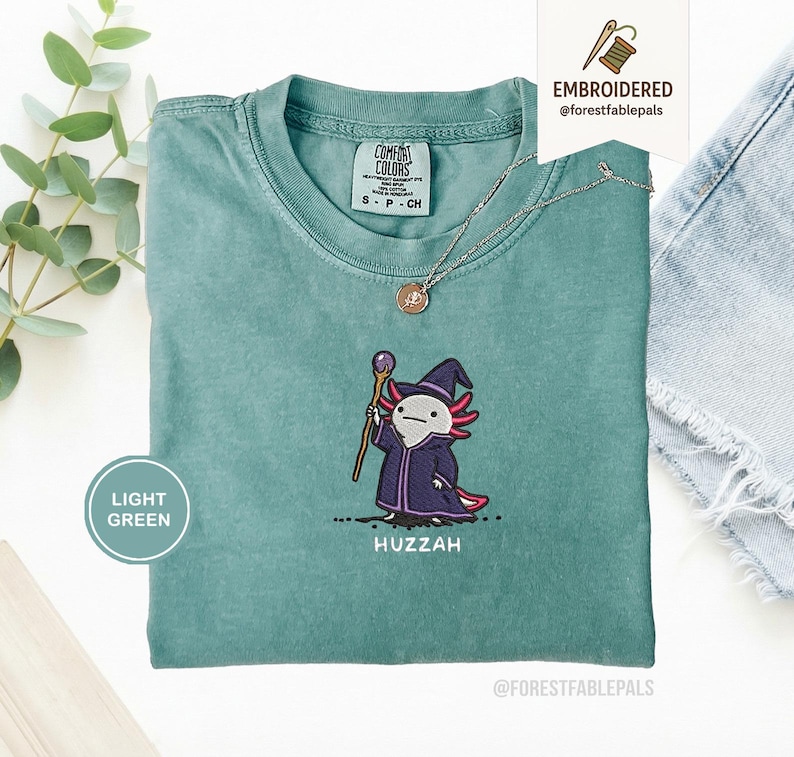 Huzzah Axolotl Wizard With Staff Tee, Embroidered Medieval Axolotl ...