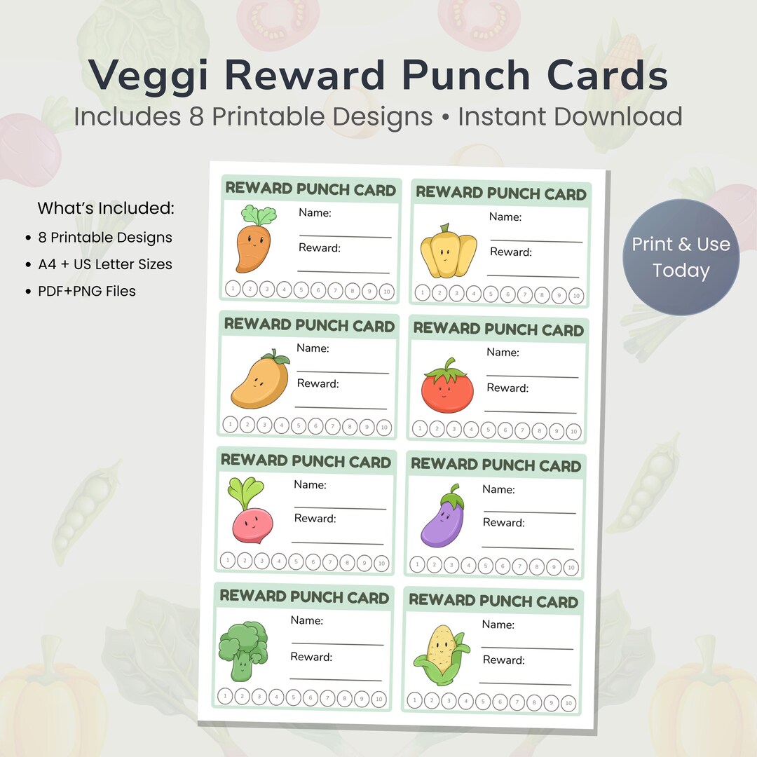 Vegetable Reward Punch Cards | Kids Motivation Printable | A4 & US ...