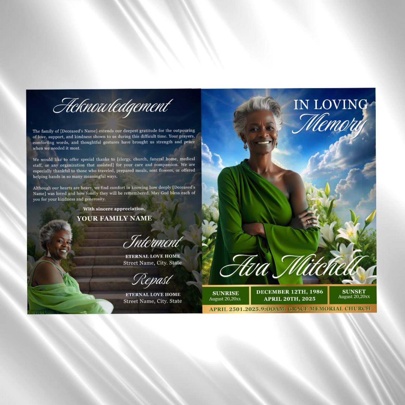 Green Funeral Program Template: 8-page Memorial (canva, Digital ...