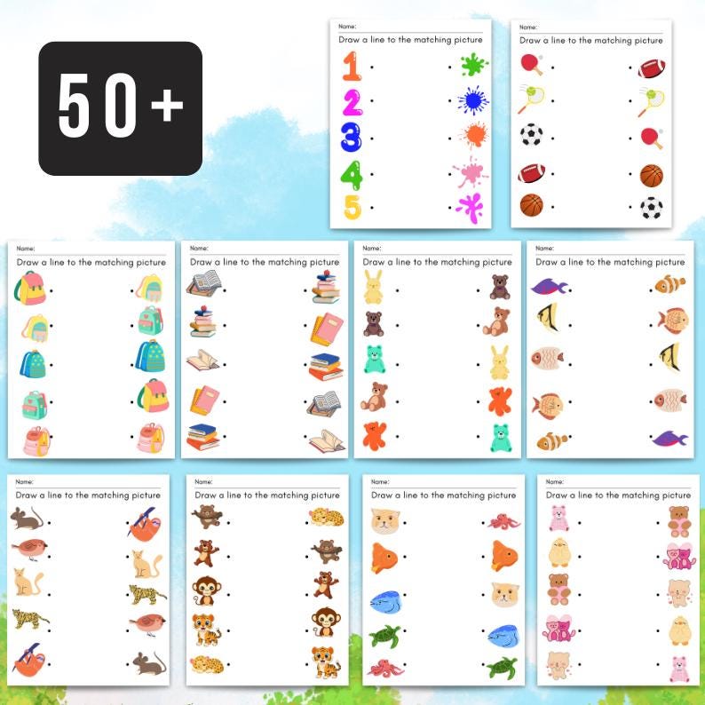 50+ Printable Matching Worksheets, Match the Picture, Kindergarten ...