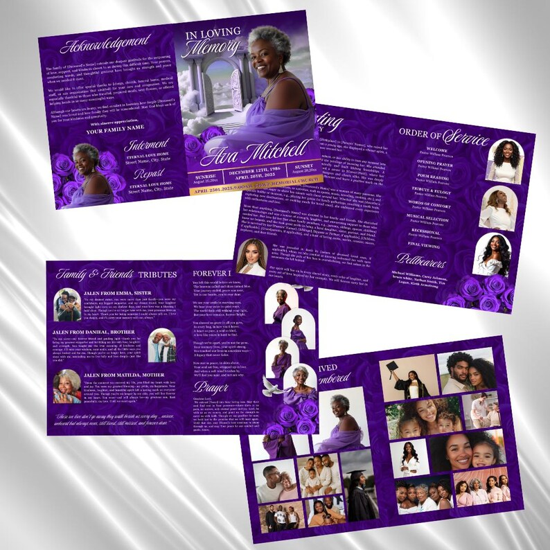 Purple Roses Funeral Program Template: 8-page Memorial (canva, Digital ...