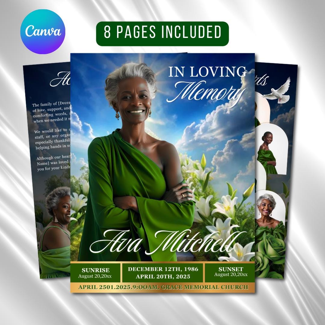 Green Funeral Program Template: 8-page Memorial (canva, Digital ...