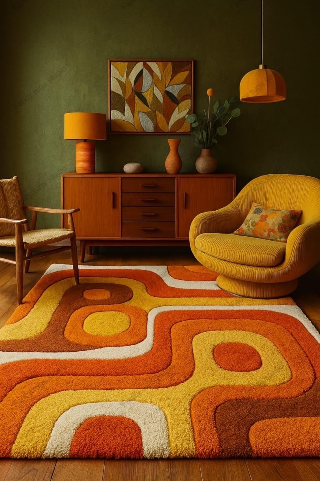 Retro Mid Century Shag Rug – 70s Geometric Orange Yellow Area Carpet ...