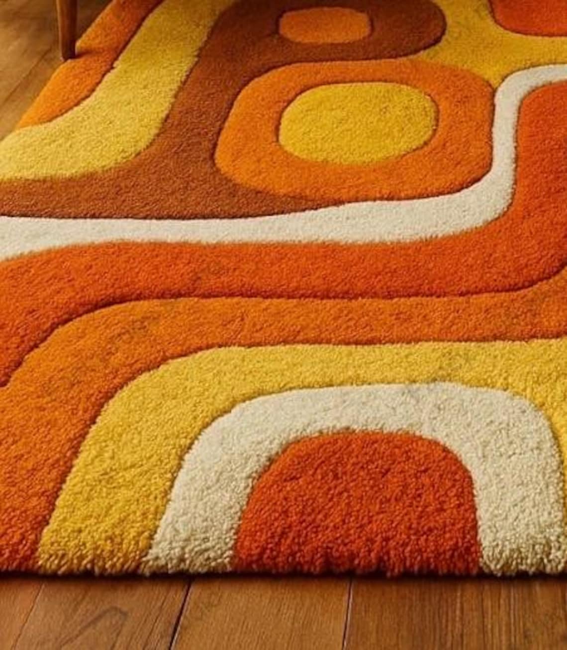 Retro Mid Century Shag Rug – 70s Geometric Orange Yellow Area Carpet ...