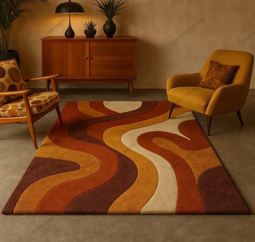 Retro Mid Century Shag Rug – 70s Geometric Orange Yellow Area Carpet ...