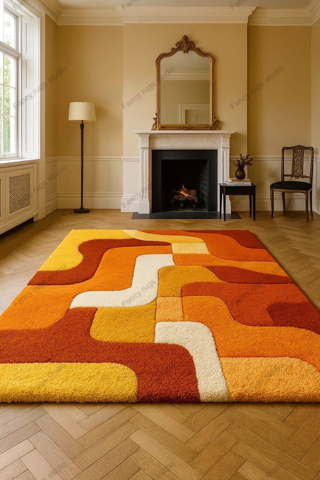 Retro Mid Century Shag Rug – 70s Geometric Orange Yellow Area Carpet ...