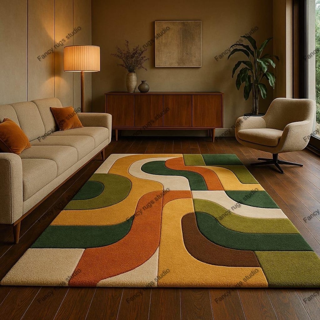 Modern Geometric Area Rug – Olive Green, Mustard, Rust & Brown ...