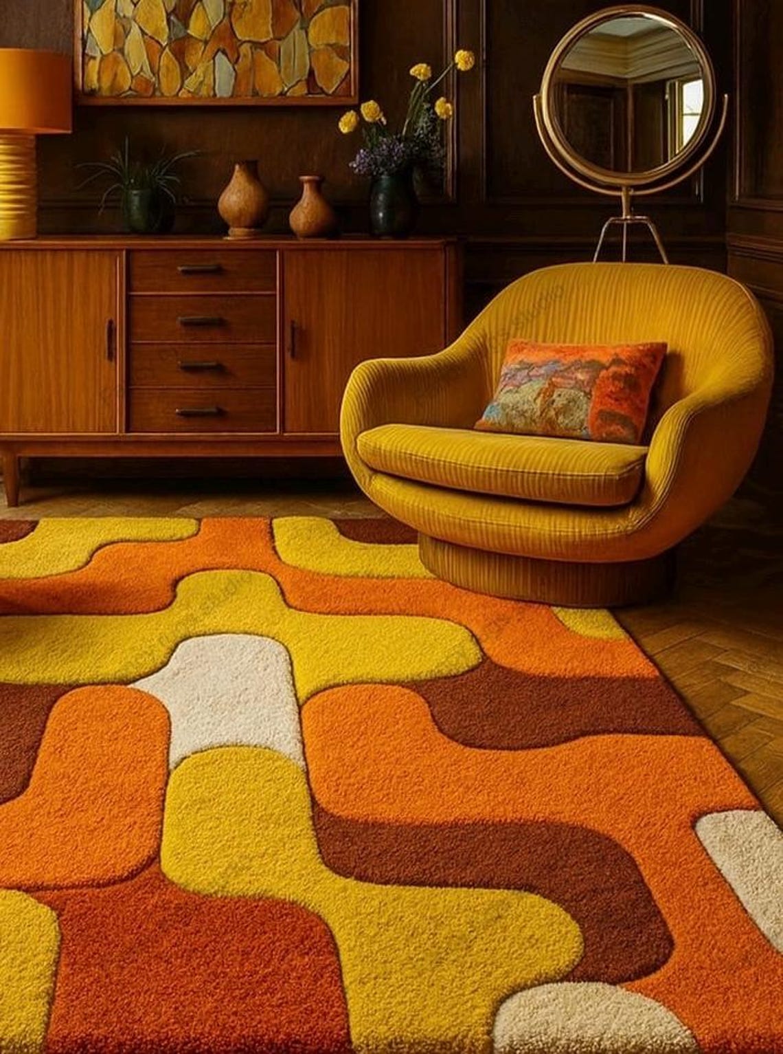 Retro Mid Century Shag Rug – 70s Geometric Orange Yellow Area Carpet ...