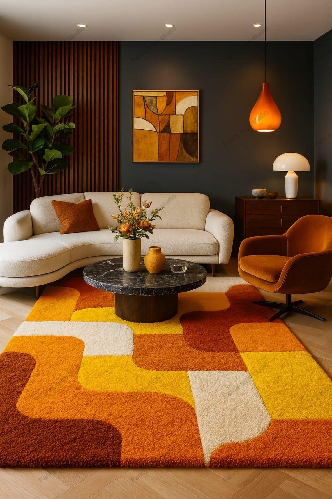 Retro Mid Century Shag Rug – 70s Geometric Orange Yellow Area Carpet ...