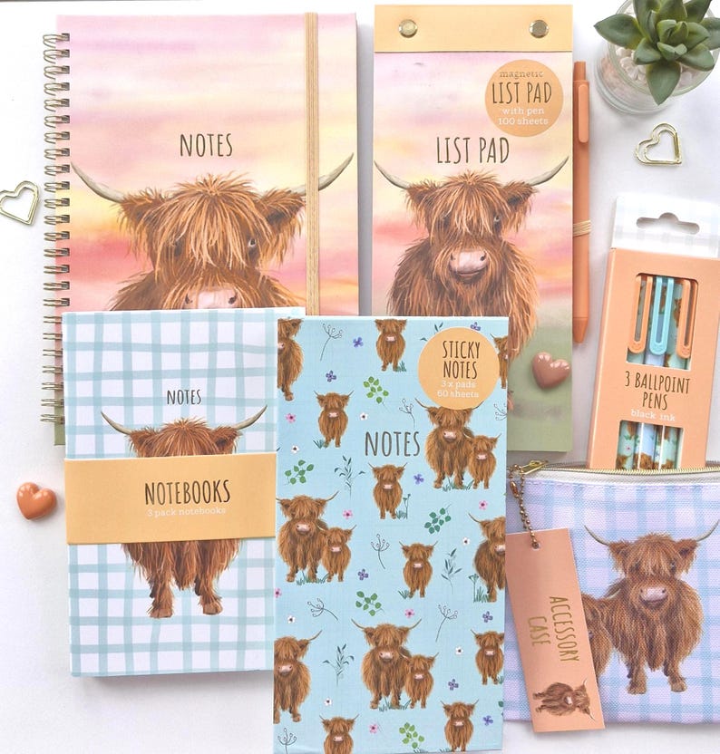 Highland Cow Stationery Set | A5 Notebook, A6 Notebooks, Memo Pad, Pens ...