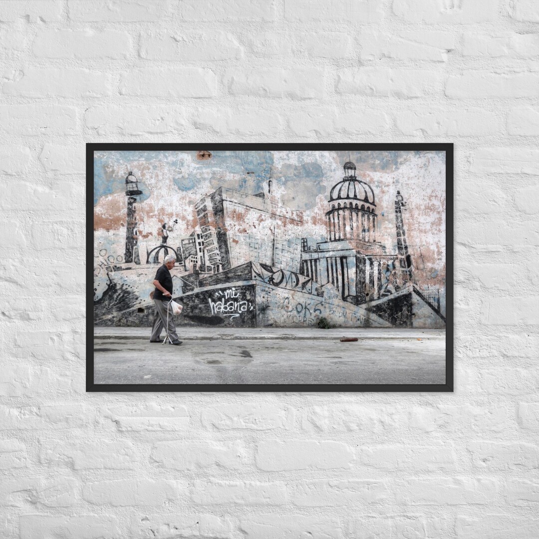 Old Cuban Man Walking in Front of a Wall With Havana Graffiti - Framed ...