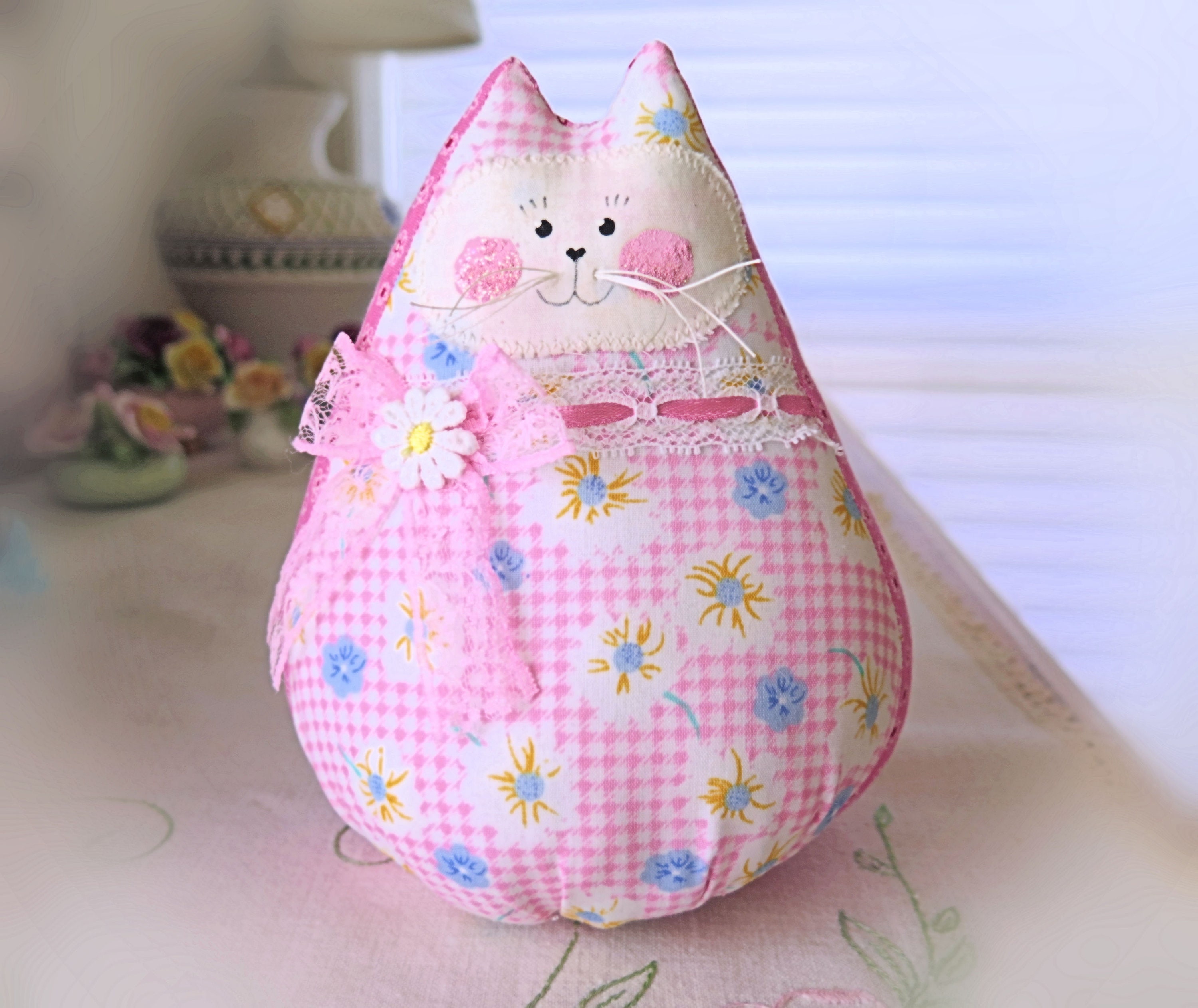 Cat Doll 6 Free Standing Kitty Pink With Flowers and - Etsy