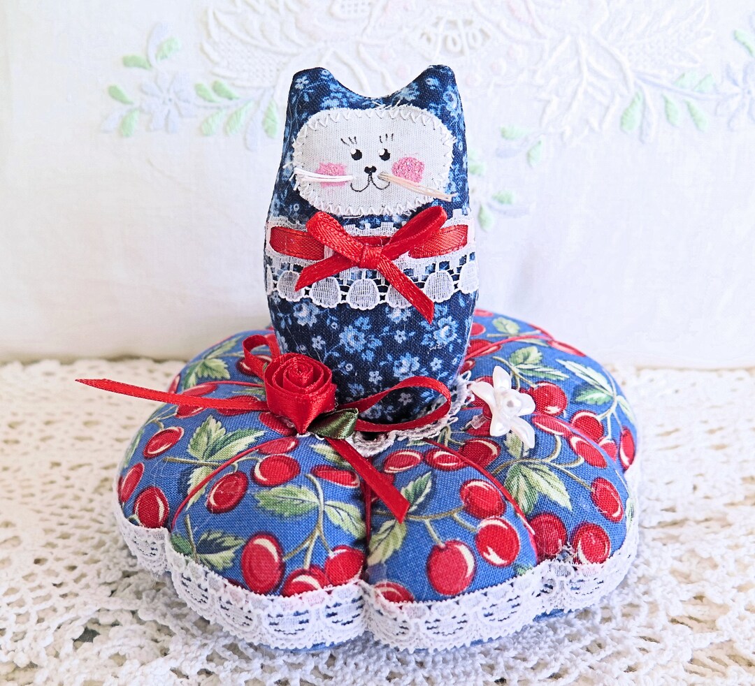 Cat Pincushion 5 Inch, Red White Blue With Cherries Print Cotton Fabric ...