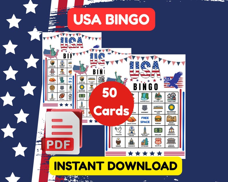USA Bingo Cards, American Landmarks Game, Patriotic 4th July Fun ...