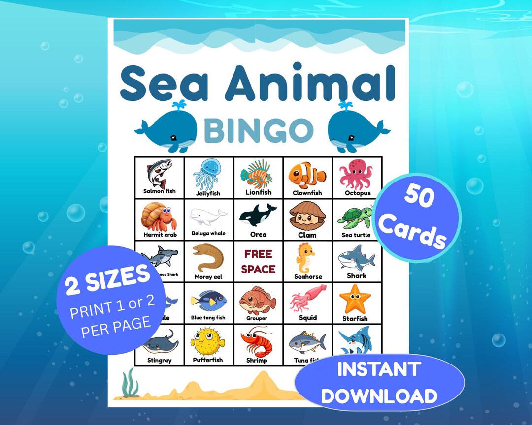 Sea Animal Bingo: 50 Printable Cards, Ocean Theme (digital Download) - Etsy