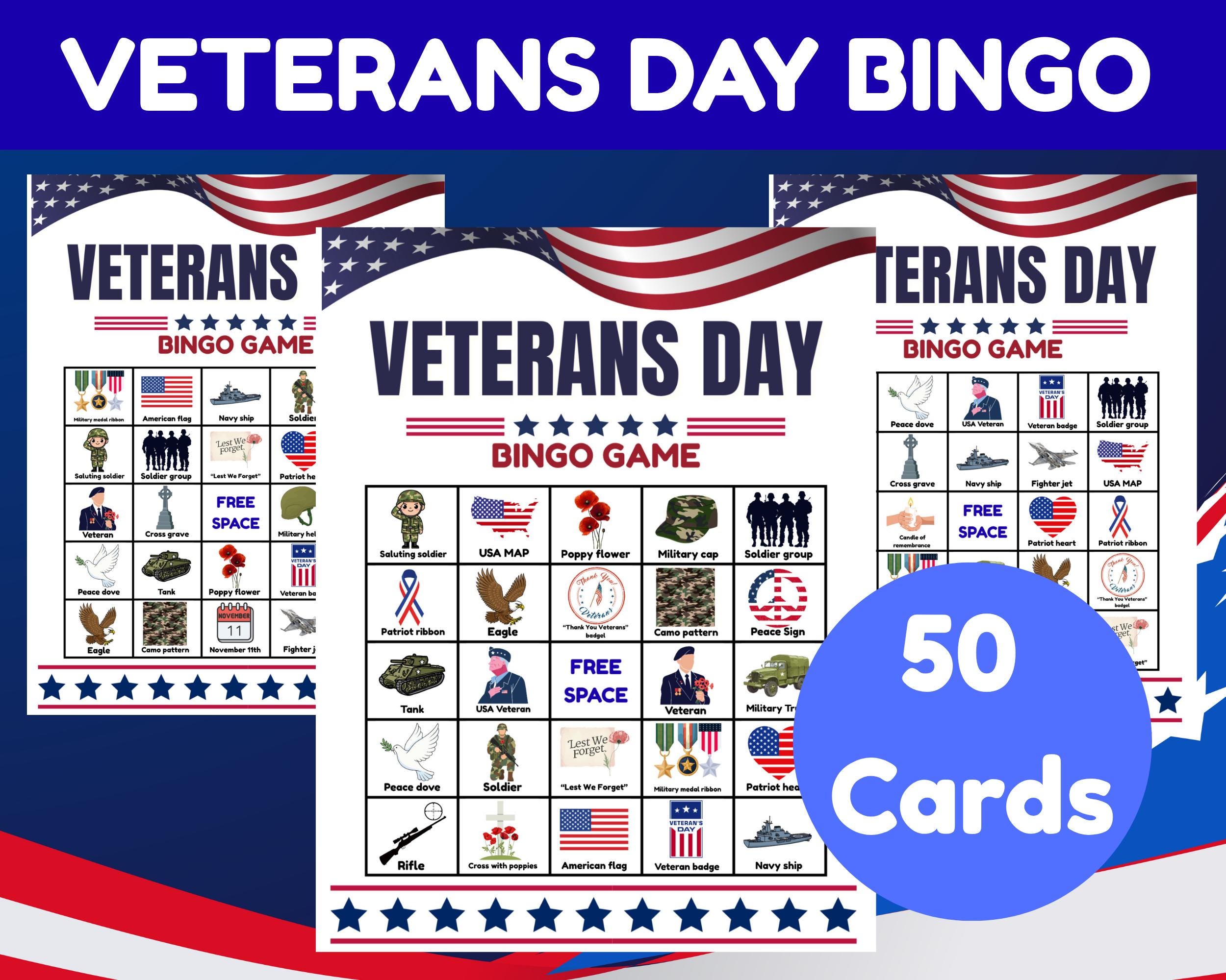 Veterans Day Bingo Game: 50 Patriotic Cards (printable) - Etsy