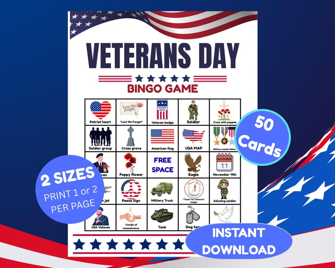 Veterans Day Bingo Game: 50 Patriotic Cards (printable) - Etsy