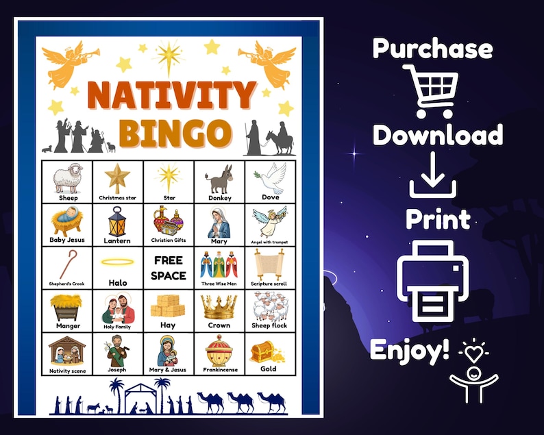 Nativity Bingo Game – 50 Christmas Cards, Sunday School Activity ...