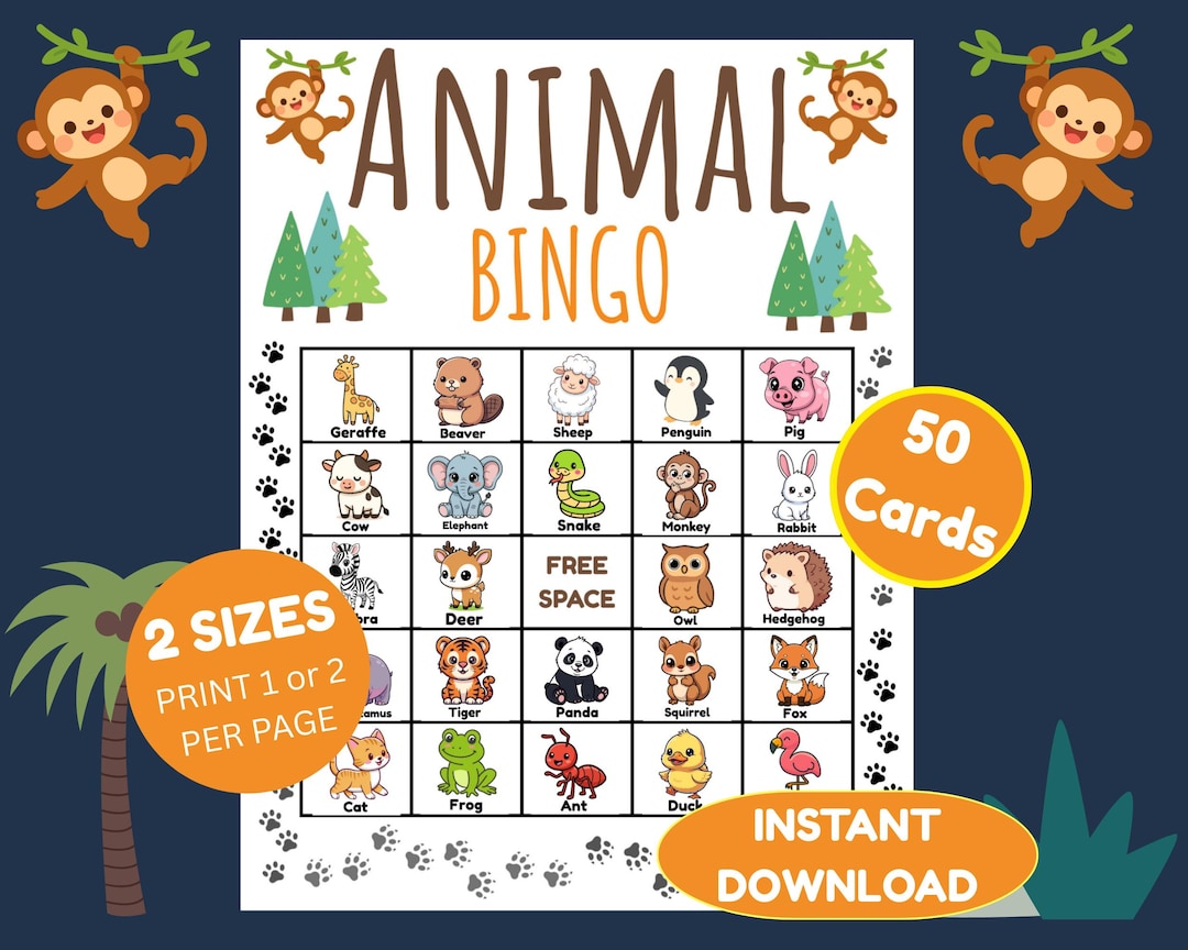 Animal Bingo Game, 50 Zoo & Farm Cards, Classroom Printable (digital ...