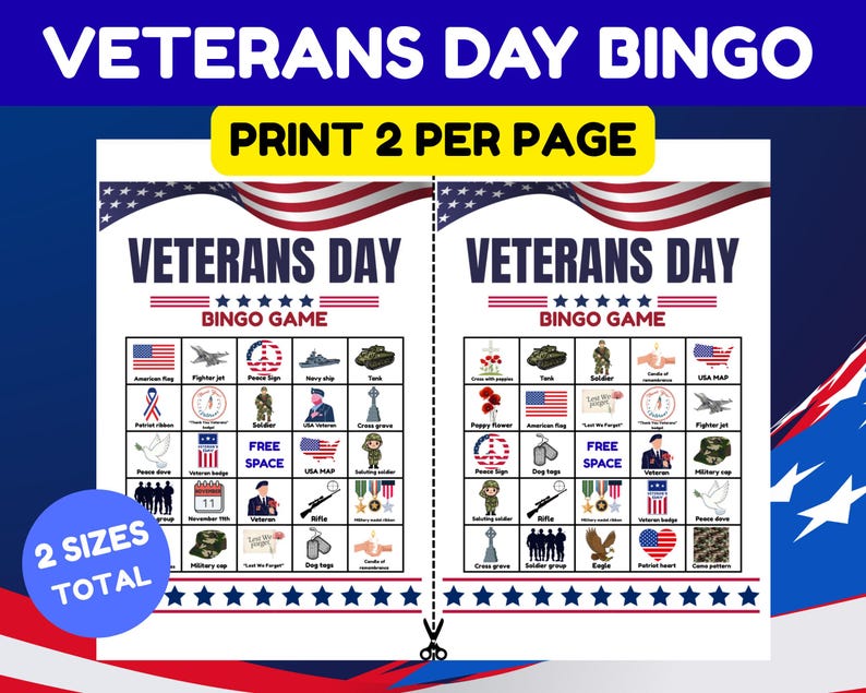 Veterans Day Bingo Game: 50 Patriotic Cards (printable) - Etsy