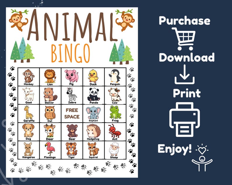 Animal Bingo Game, 50 Zoo & Farm Cards, Classroom Printable (digital ...
