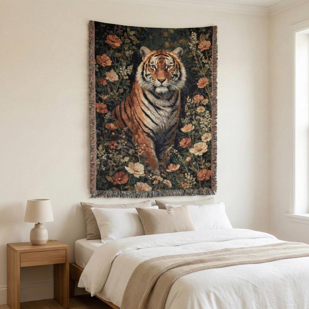 Floral Tiger Tapestry Wall Hanging Jungle Wildlife Wall Art Botanical ...