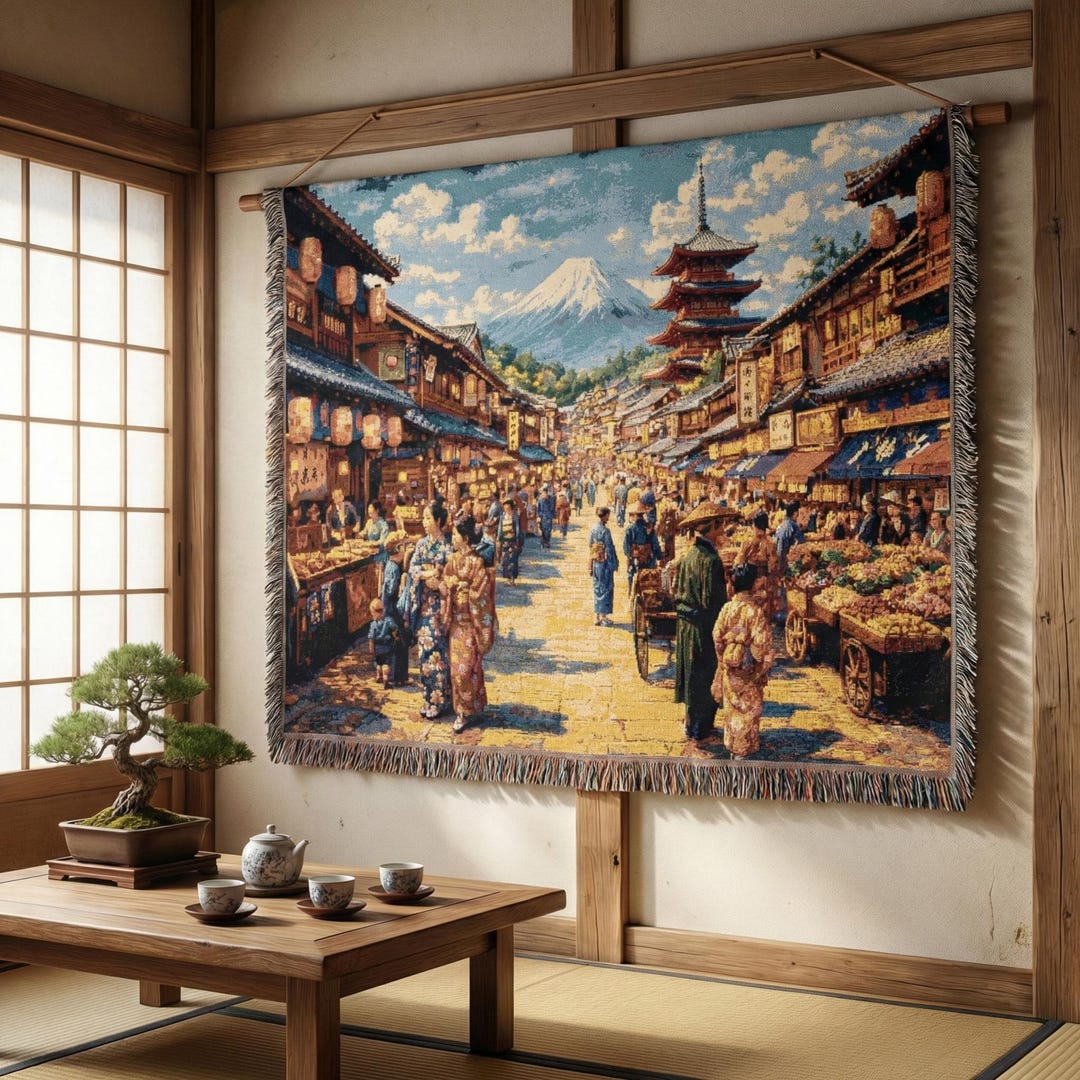Japanese Market Street Woven Tapestry Wall Hanging Kyoto Pagoda Mount ...