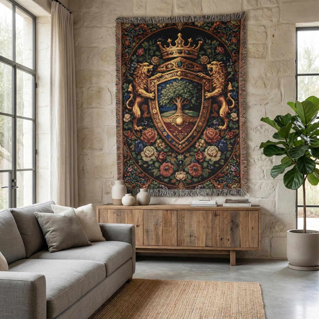 Woven Heraldic Shield Tapestry Blanket - Medieval Lion Crest Wall ...