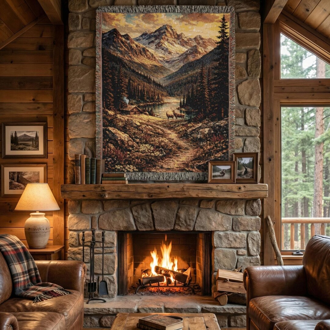 Mountain Cabin Lake Woven Tapestry Wall Hanging Alpine Landscape With ...
