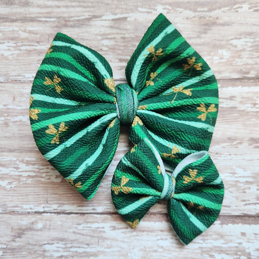 Four Leaf Clover Bow, Green Stripe Bow, Hair Clip, Headband, Hair ...