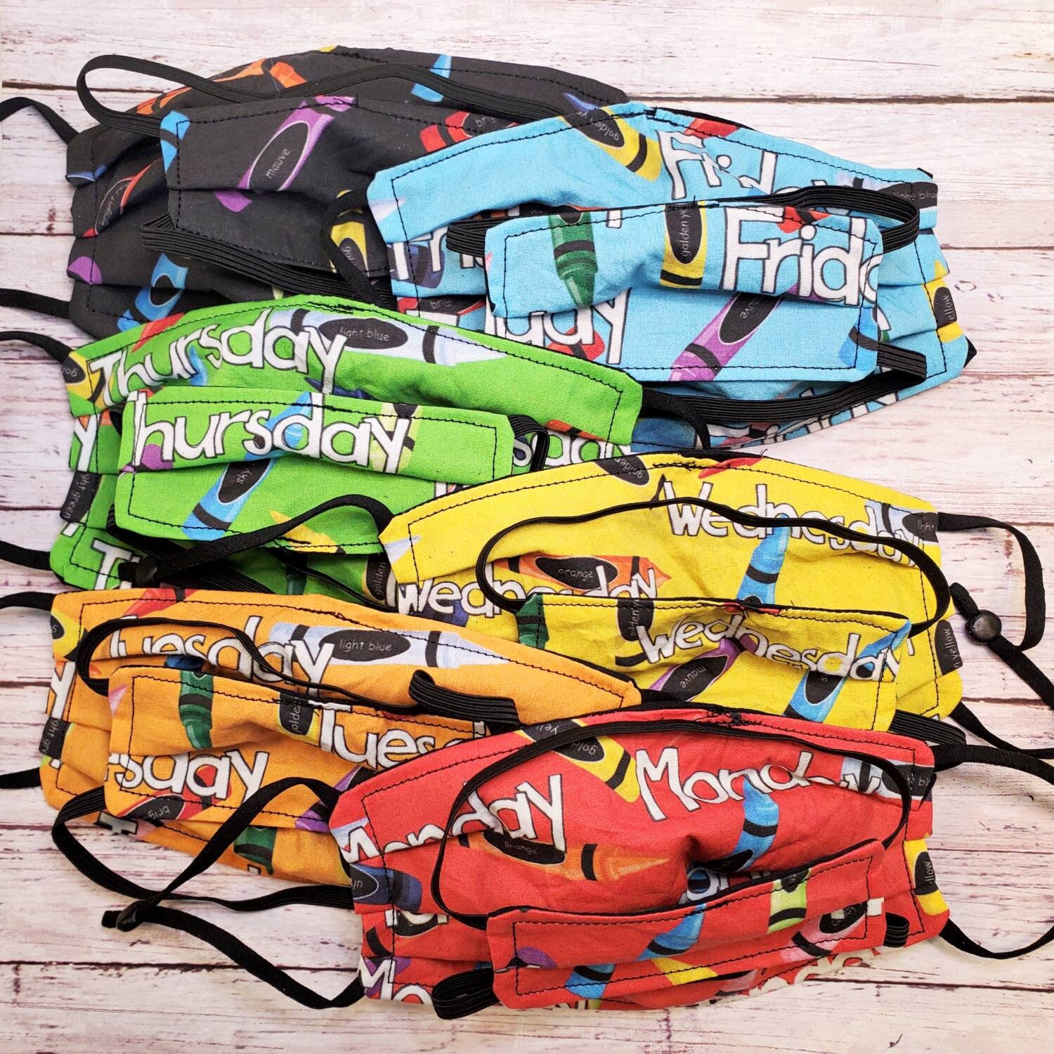 Crayon days of the week mask sets 6 pack masks adult and | Etsy