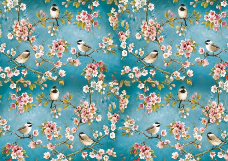 Rice Paper With Birds and Flowers, Turquoise Floral Decoupage Paper ...