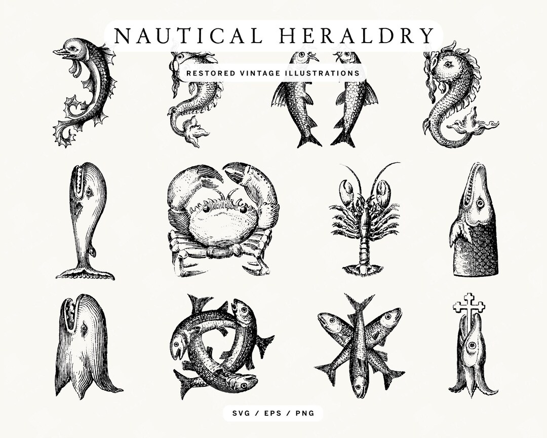 Vintage Nautical Heraldry Illustrations: Fish, Crab, Lobster Line Art ...