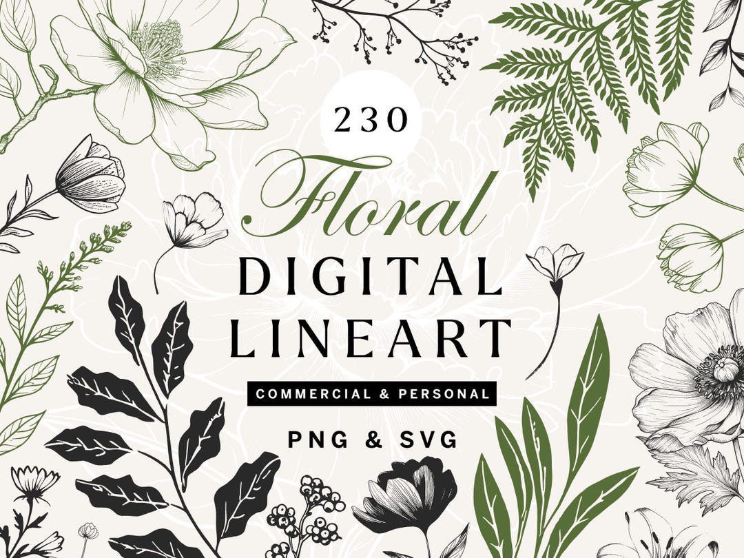 Botanical Line Art Bundle: 230 Floral SVG & PNG Illustrations (digital ...