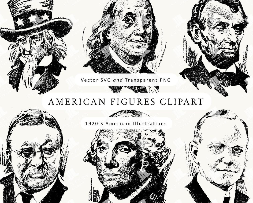 Vintage American Portrait Clipart: Founding Fathers Etching Style (PNG ...