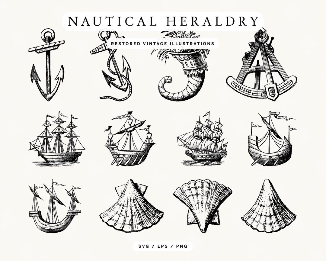 Vintage Nautical Illustrations: Anchor, Ship, Shell Line Art (PNG, SVG ...