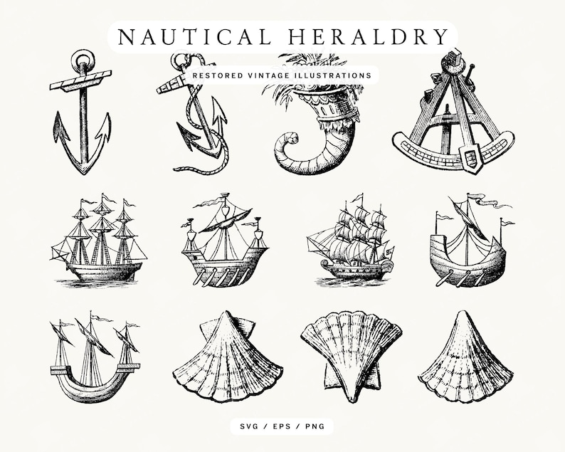 Vintage Nautical Illustrations: Anchor, Ship, Shell Line Art (PNG, SVG ...