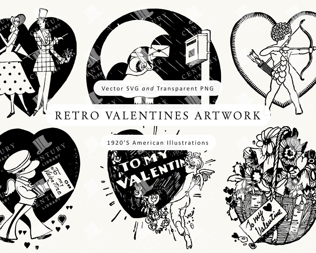 Vintage Valentine Clipart: Retro Cupid, Hearts, Florals (PNG, SVG ...