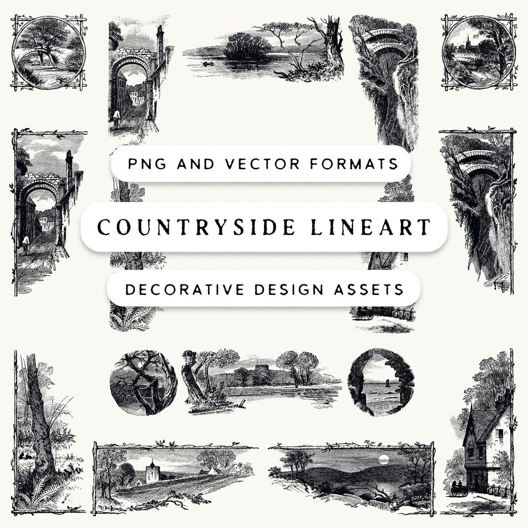 Countryside Line Art Collection, Antique Rural Landscapes Illustrations ...