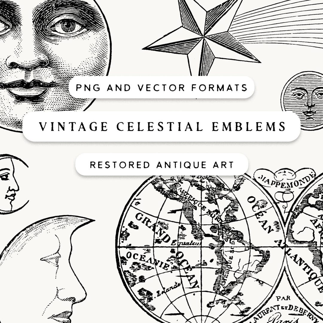Vintage Celestial Emblems Collection, Restored Antique Astronomical ...
