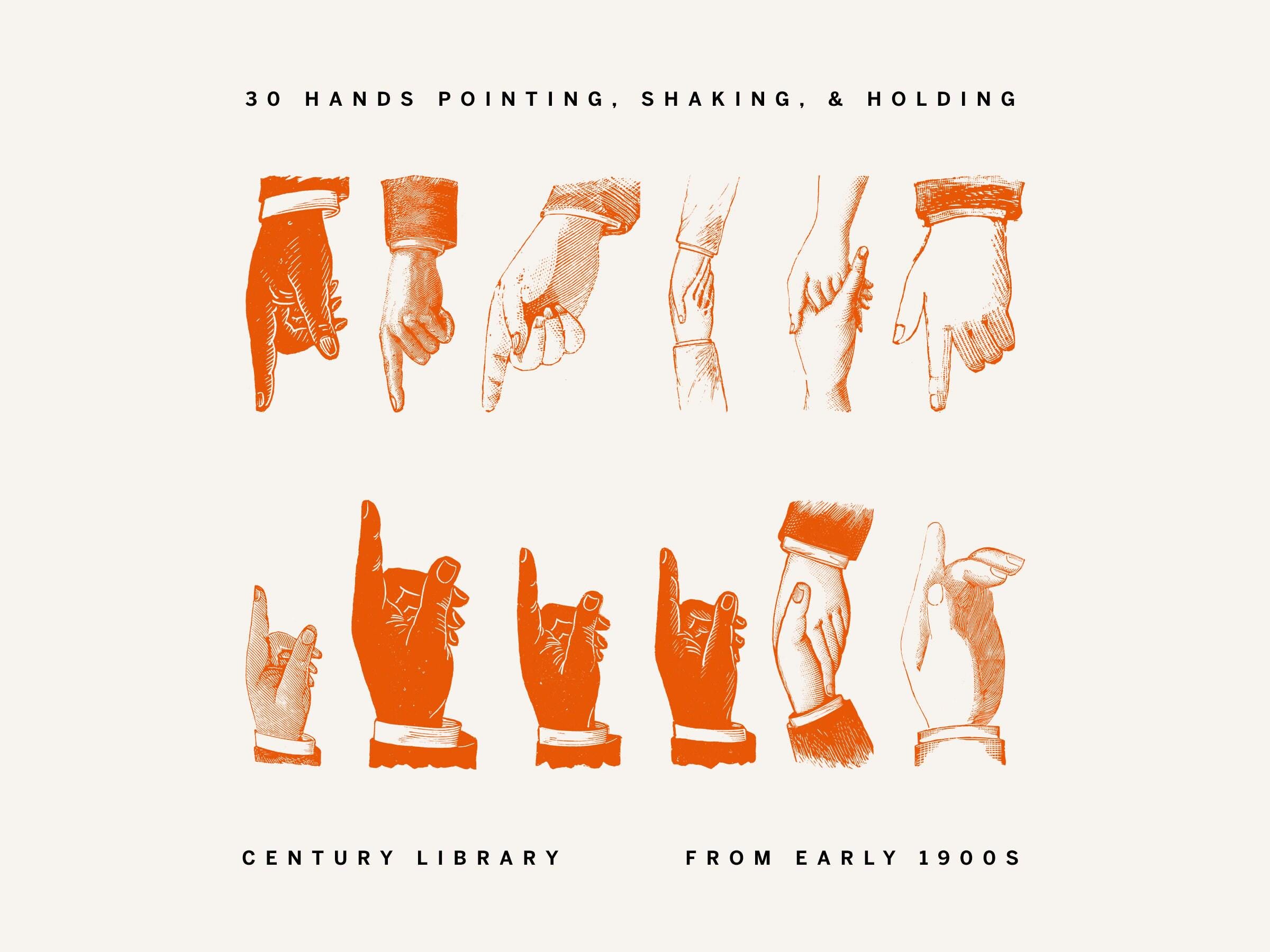 Vintage Hands Clipart: Pointing Fingers & Shaking Hands (PNG Digital ...