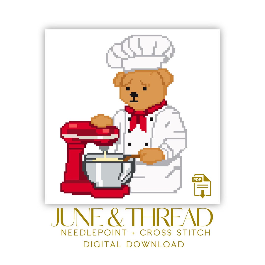 Preppy Chef Teddy Bear With Stand Mixer – Digital Needlepoint Chart ...