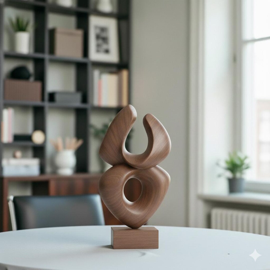 Modern Walnut Abstract Sculpture With Organic Loop Form on Wooden Base ...