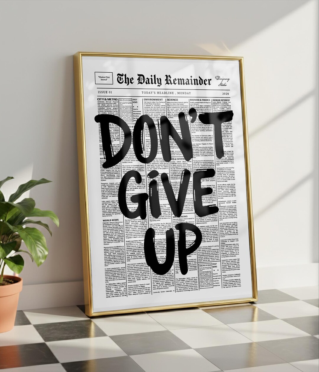 Retro Newspaper Print: 'don't Give Up', Typography Poster, Girly Dorm ...