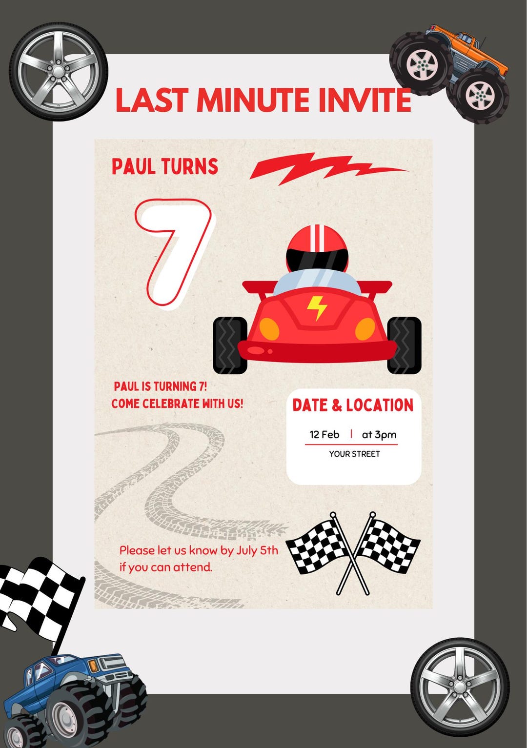 Race Car Birthday Invitation Template – Red Racing Car Kids Party ...