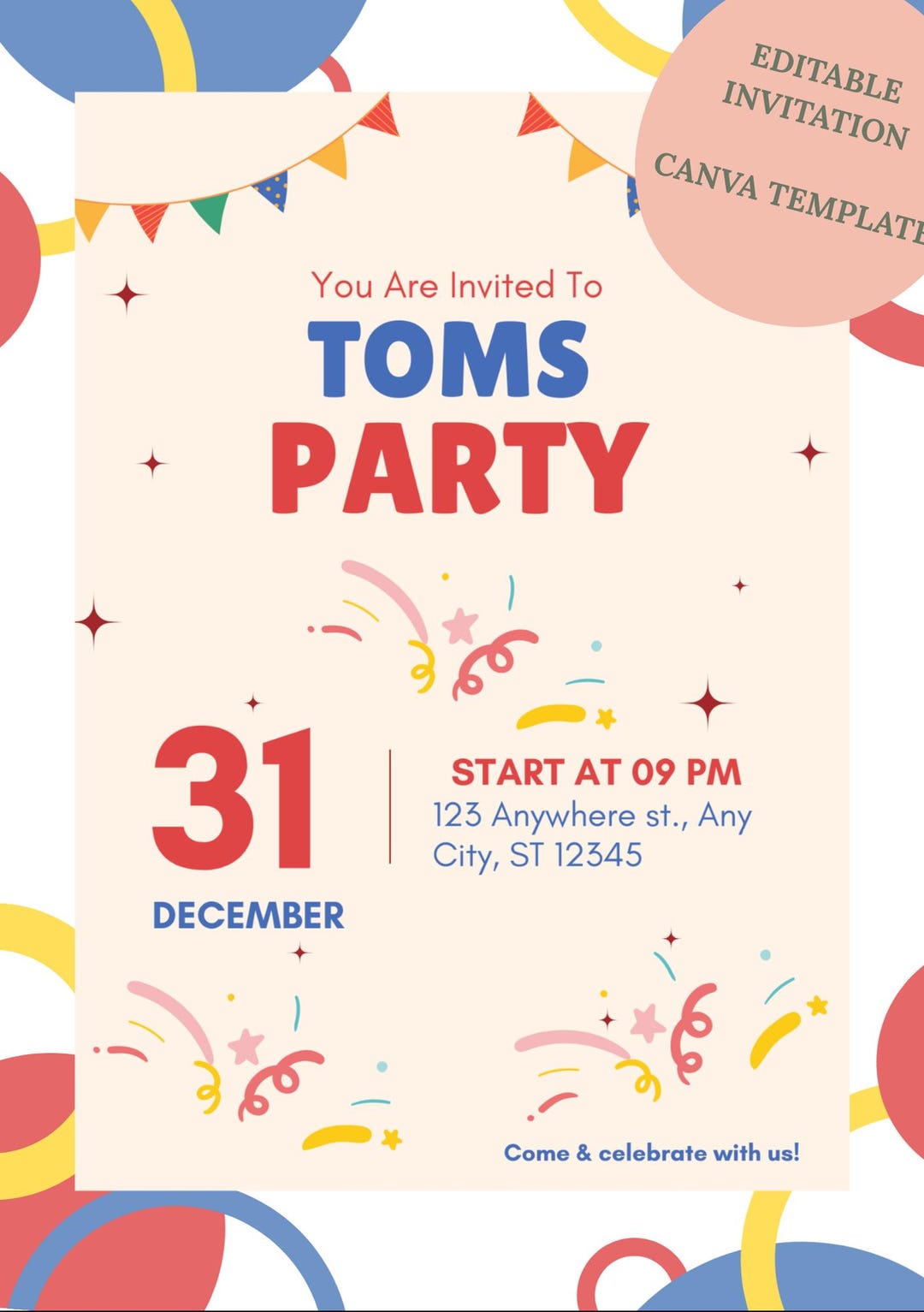 Modern Minimal Birthday Invitation Template – Beige Red Blue Party ...