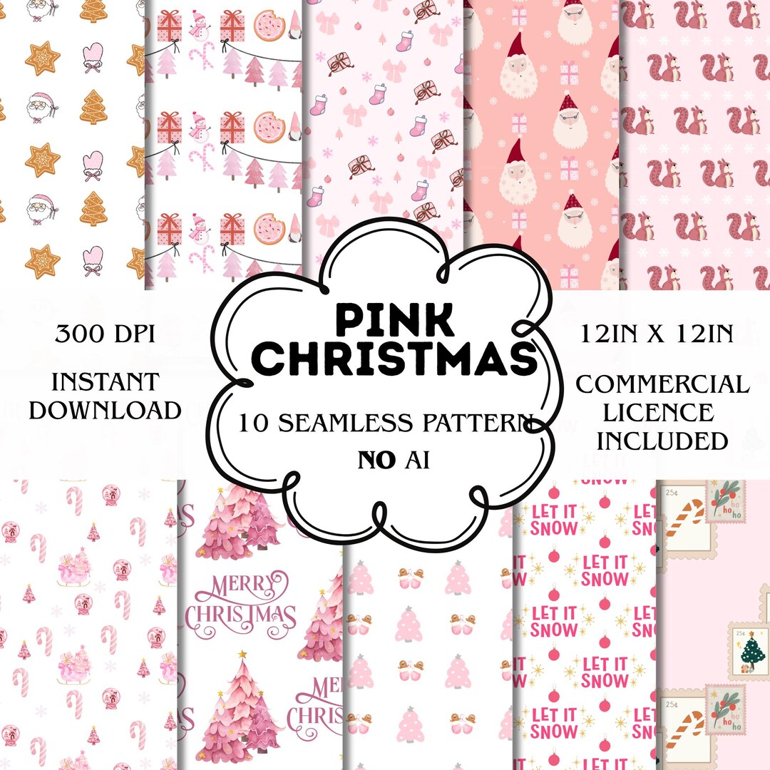 Pink Christmas Patterns: 10 Seamless Holiday Backgrounds (digital ...