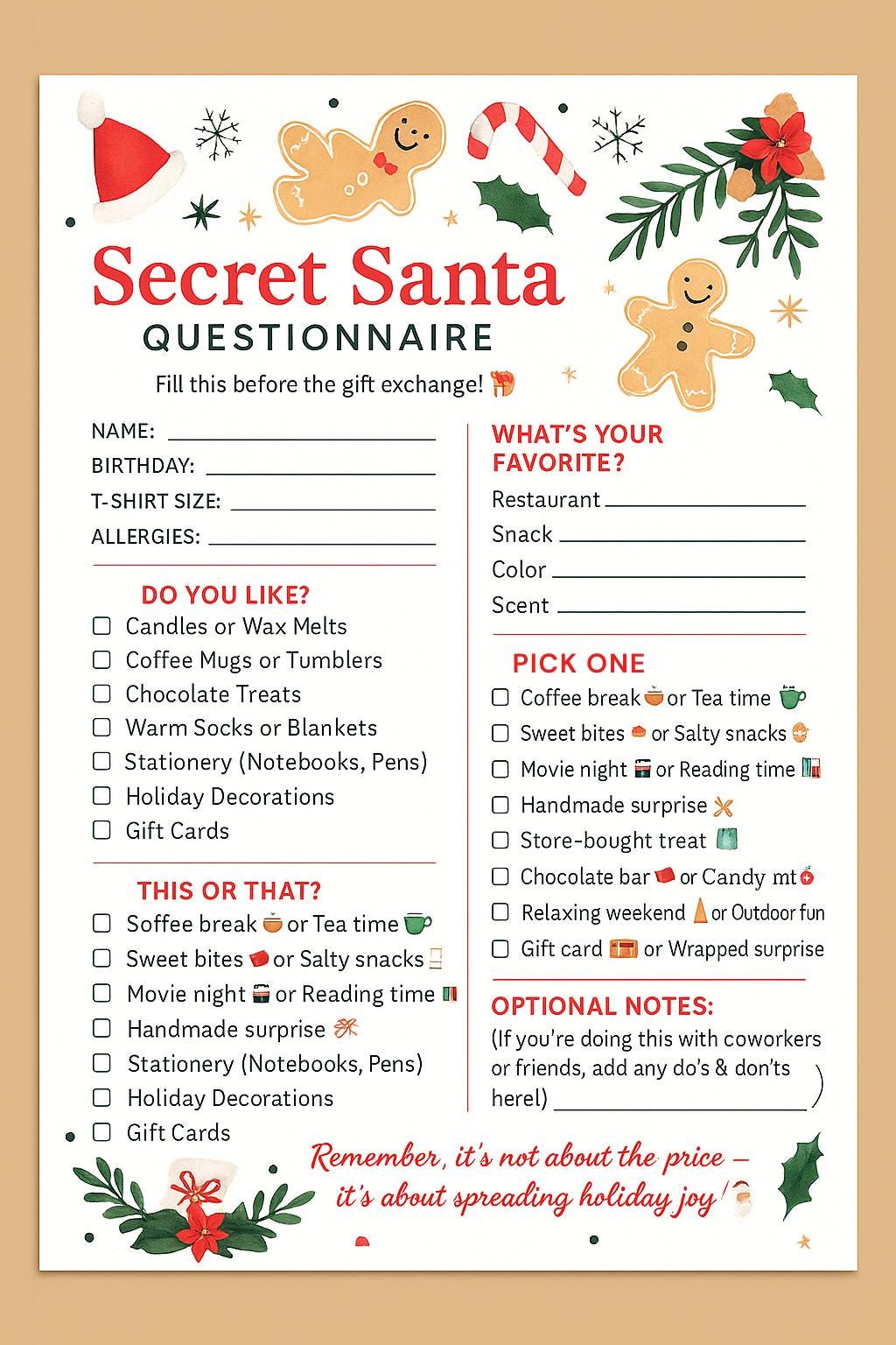 Secret Santa Questionnaire Printable + Canva Editable Christmas Gift ...