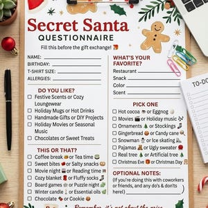 Secret Santa Questionnaire Printable – Christmas Gift Exchange Form ...